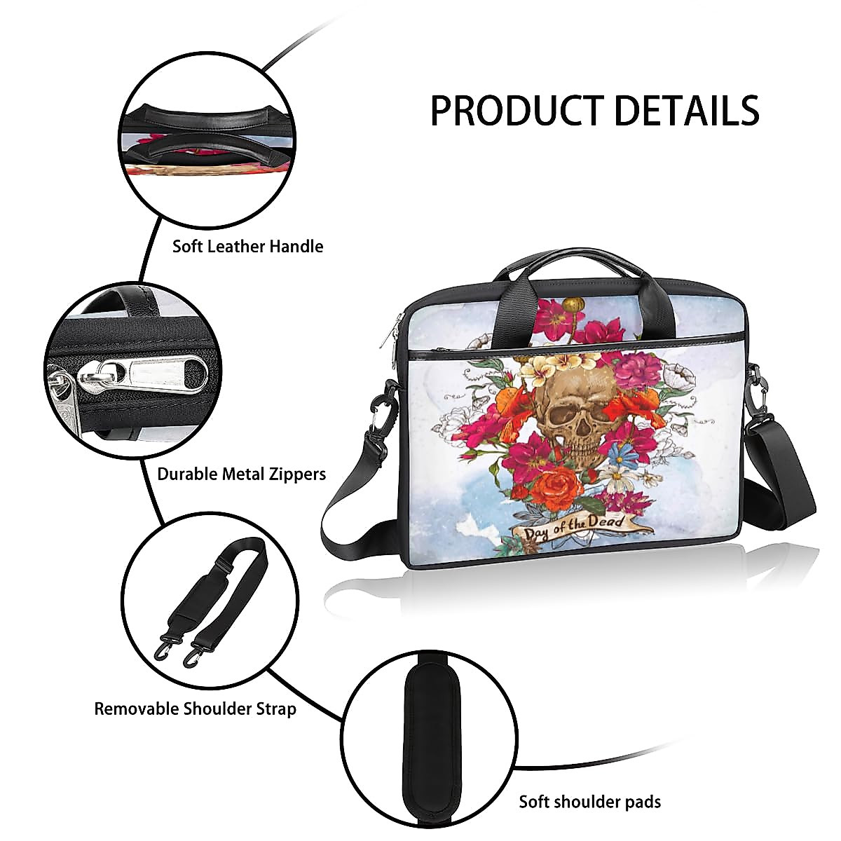 Sugar Skull Floral Laptop Computer Bag Waterproof Shoulder Messenger Bag 13-15 inch Durable Laptop Tote Bag with Shoulder Strap Handle Lightweight Crossbody Briefcase