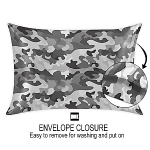 Satin Pillowcase for Hair and Skin Standard Size, Grey Camo Camouflage Military Silk Pillowcase Satin Pillow Cases with Envelope Closure Soft Cooling Pillow Covers Gift for Women Men, 20x26in