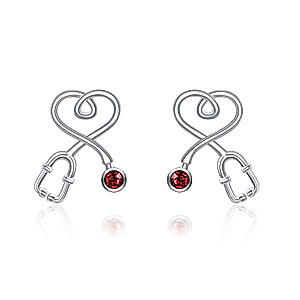 Stethoscope Earrings 925 Sterling Silver Heart Studs Earrings 12 Months Birthstone Crystals from Austria, Graduation Jewelry Gifts for Nurse Doctor RN Medical Student