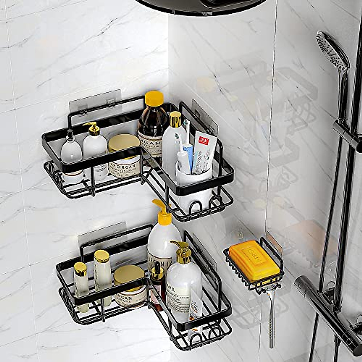 Moforoco 3 Pack Adhesive Corner Shower Caddy, Shower Organizer Shelf with Soap Holder and 12 Hooks, Shower Shelves Rustproof for Bathroom, Shower Storage Basket, Shower Shelf for Inside Shower