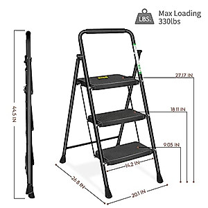 3 Step Ladder Folding Step Stool with Wide Anti-Slip Pedals and Comfort Handgrip for Kitchen Household and Office, Lightweight Capacity 500lbs Sturdy Step Ladder（Black）