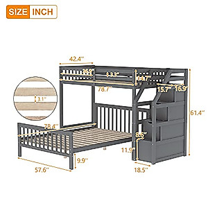 BOVZA Twin Over Full Bunk Bed with Stairs, Twin Size Loft Bed with Storage Staircase & Full Platform Bed, Wooden Bunk Beds for Kids Teens Adults, Gray