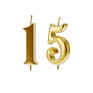 Bailym Gold 15th Birthday Candles, Number 15 Cake Topper for Birthday Decorations