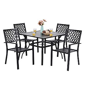 PHI VILLA Patio Dining Set 5 Piece Wrought Iron Metal Outdoor Table and Chairs Set, 37" Square Patio Table and 4 Stackable Chairs Support 300LBS for Deck, Lawn, Garden