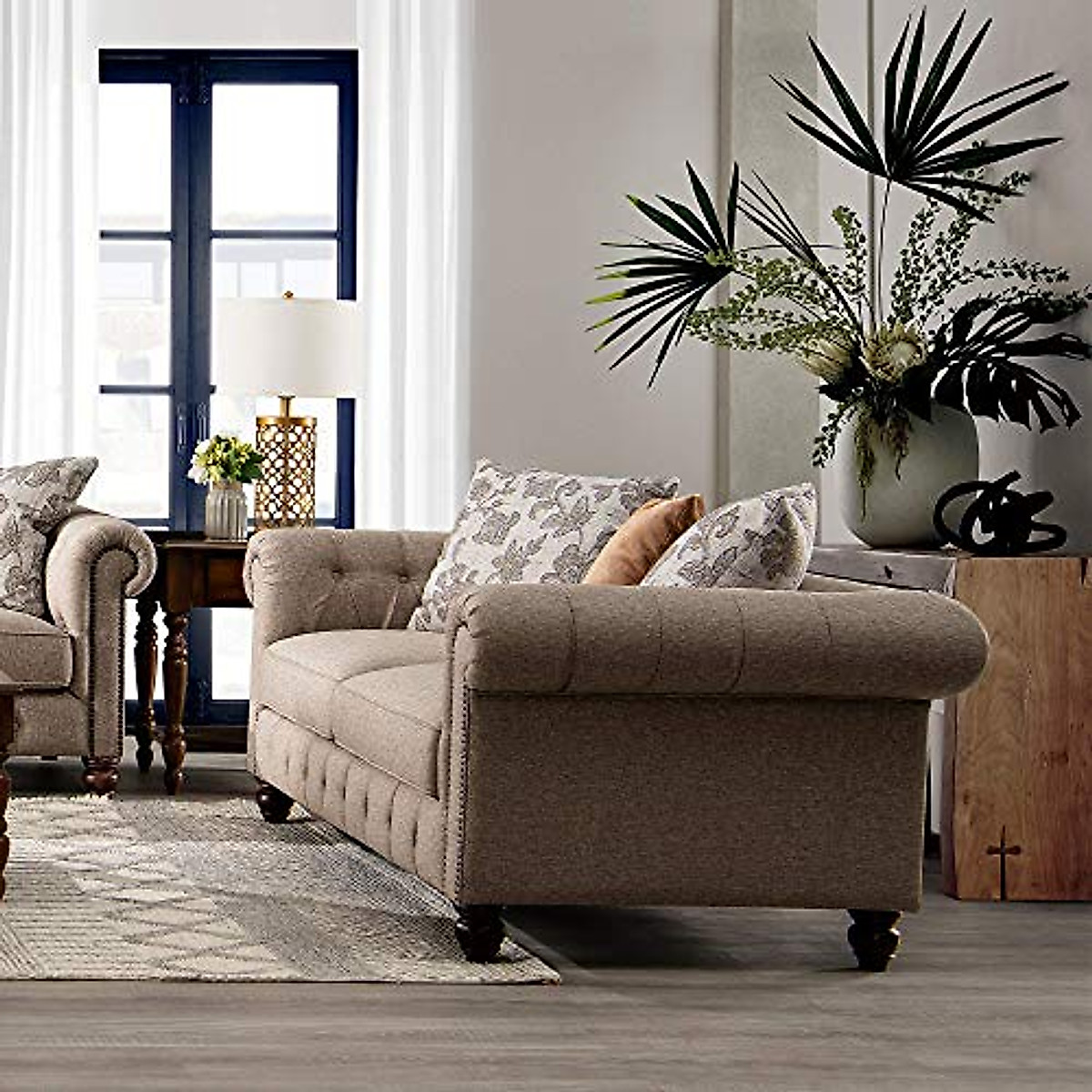 Acanva Chesterfield Tufted Sofa with Scroll Arms, Nailhead Trim Linen Upholstered, 70" W Loveseat, Brown