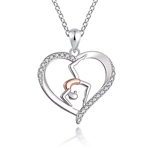 ACJNA 925 Sterling Silver Gymnast Gymnastic Dance Necklace Yoga Sports Heart Pendant Jewelry Birthday Gift Dancer Women Her