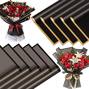 SYOGUA 20 Sheets Flower Wrapping Paper Black - Waterproof Floral Bouquets Wrapping Paper- 10Pcs Gold Edge & 10Pcs Translucent Black Edge Florist Supplies Gift Packaging Flower Paper Wrap