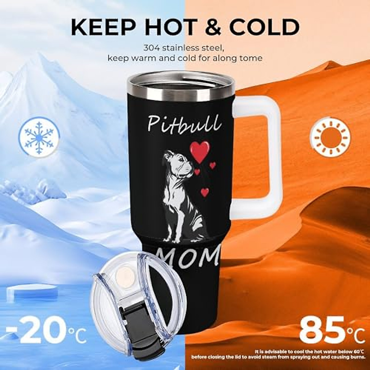 Pitbull Mom 40 Oz Tumbler Insulated Stainless Steel Water Bottle Travel Mug Car Cup with Handle and Straw