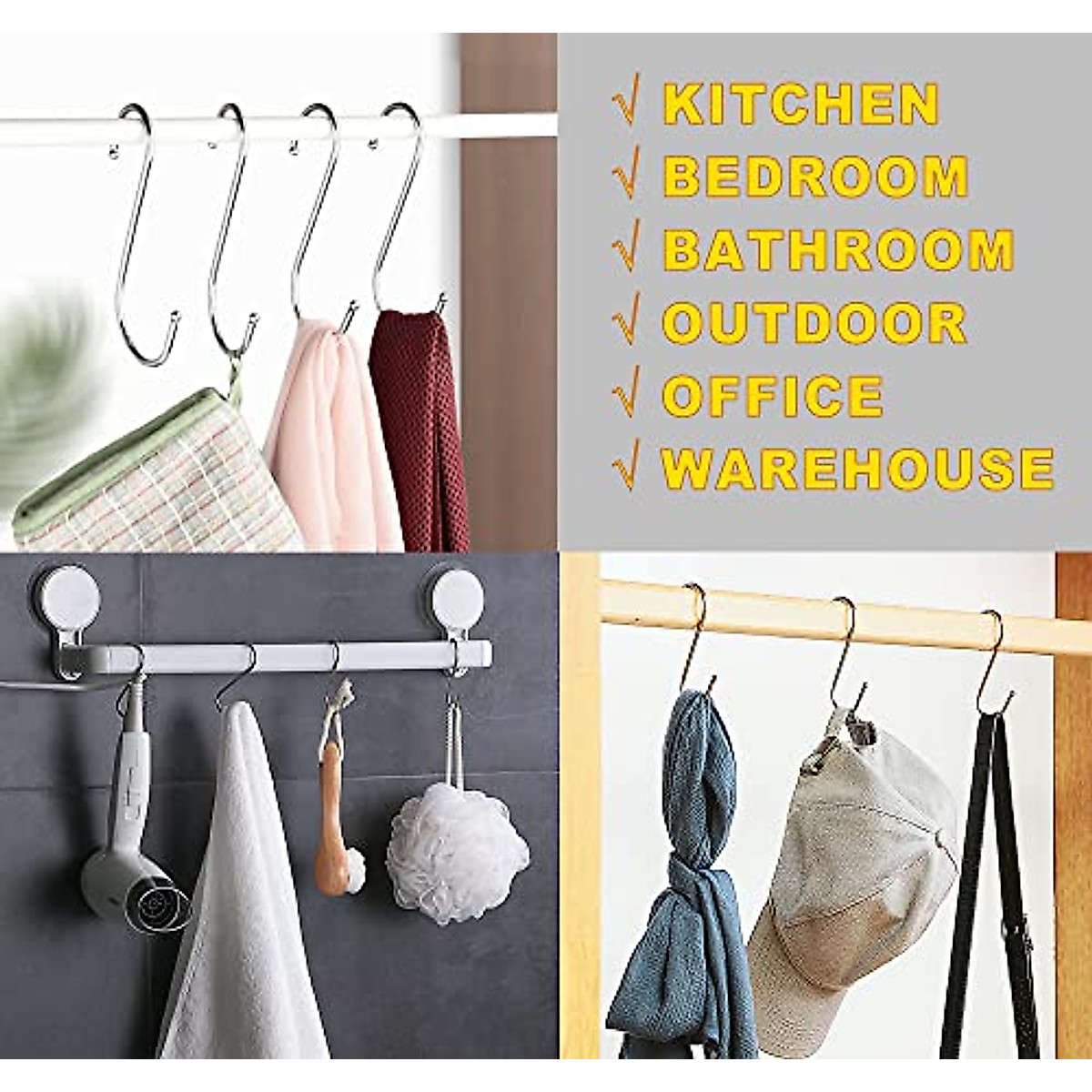 yeavs 40 Pack S Hooks, Round Heavy Duty Stainless Steel Hanging S Shaped Hooks for Home Kitchen Office Bathroom Closet, Silver (40, Medium)