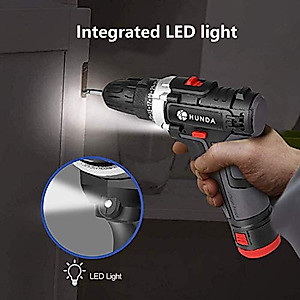 Cordless Drill Set,HUNDA Electric Drill 12.8V Portable Rechargeable Drill,Cordless Drill with Battery and Charger,30 Pcs Accessories,25+1 Clutch, 2/5" Keyless Chuck,2 Speeds,LED Light[Upgraded]