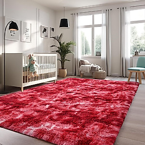 Larhom Fluffy Shag Area Rug, 4x6 ft Burgundy Red Tie-Dyed Shaggy Fuzzy Carpets for Living Room, Ultra Soft Plush Rugs for Bedroom, Girls Kids Room, Nursery Dorm Home Decor, Non-Slip