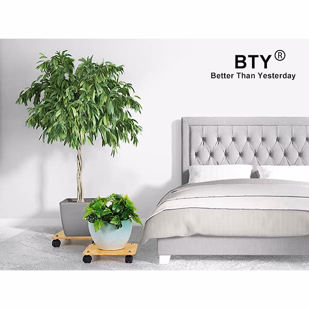 2 Pack Plant Caddy Rolling Plant Stand with Wheels Bamboo Plant Roller Base with Lockable Casters for Indoor Outdoor Large Plant Pot Flower Pot