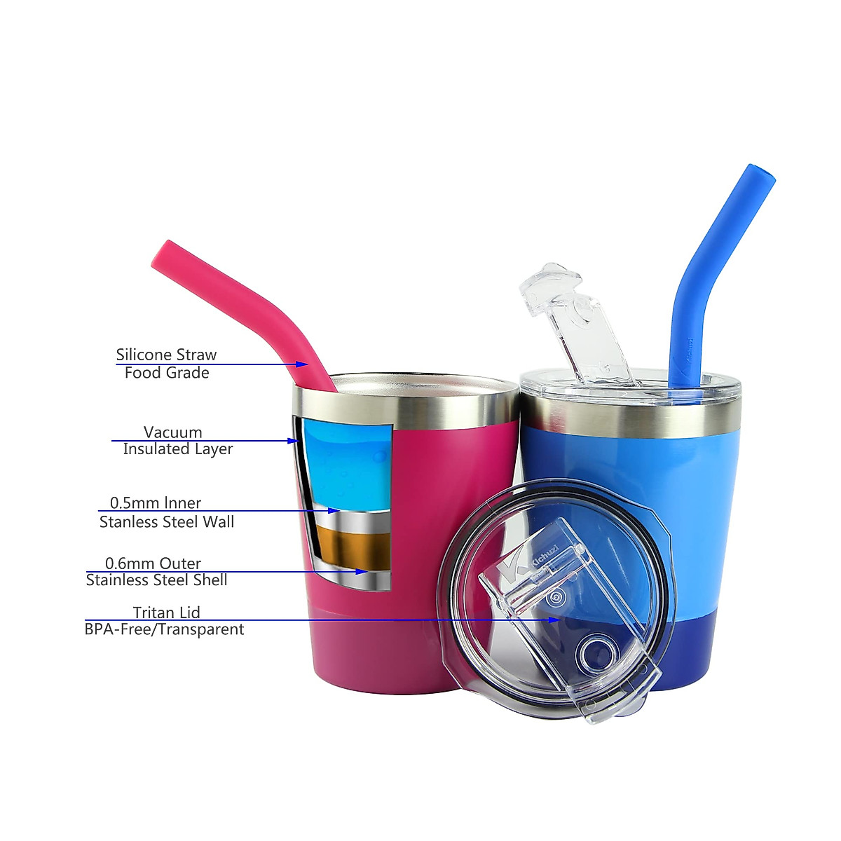 4 Pack Kids Toddler Cups,Insulated Stainless Steel Kids Tumbler with Reusable Smoothie Straws and Lids, Kids Water Bottle for Daily Use,BPA Free,Easy Clean,8oz, Blue/Teal/Red/Yellow - K Kichuzl