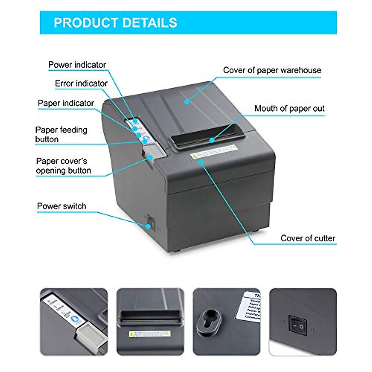 WeeiUs POS Thermal Receipt Printer, USB Ethernet LAN Serial Connection, with auto-Cutter, Restaurant Printer, 3 1/8 80mm, Support Windows ESC/POS, RJ11RJ12 Cash Drawer