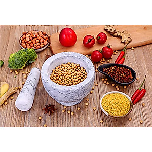 Mortar and Pestle Set, Guacamole Bowl Polished Natural Marble Stone, Grinder and Crusher, with Silicone Mat & Spoon-300ML(Light White Gray)