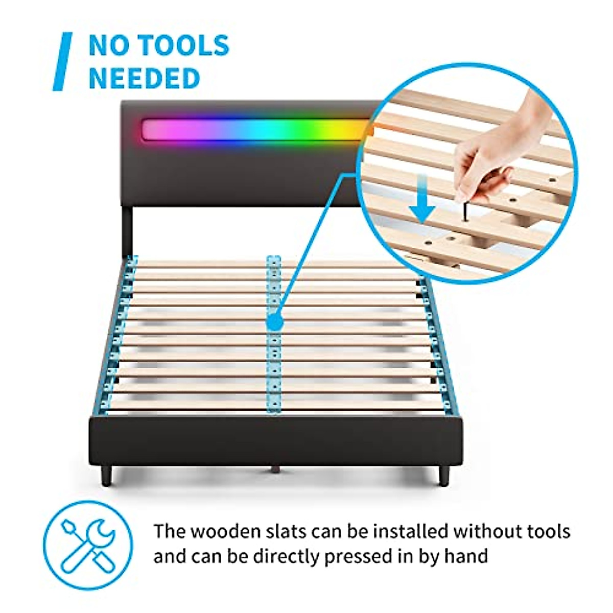 Mjkone Queen Size Bed Frame, LED Bed Frame with Smart RGB LED Light Bar, Works with Alexa or Apps, Platform Bed with Adjustable Lighting, Upholstered Bed Frames with Headboard, No Mattress, Black