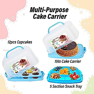 CASYMAR Portable Cake Carrier with 12 Cupcake Holder with Lid- Plastic Cake Containers with Lids Includes Knife & Accessories-Two Sided Base for Snacks Cookies Nuts Fruit etc-Suitable for 12-inch Cake