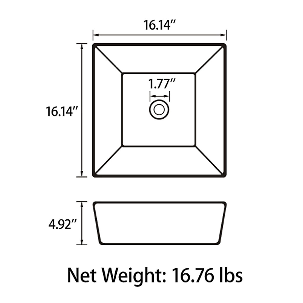 Sinber 16" x 16" x 4.92" White Square Ceramic Countertop Bathroom Vanity Vessel Sink BVS1616A-OK