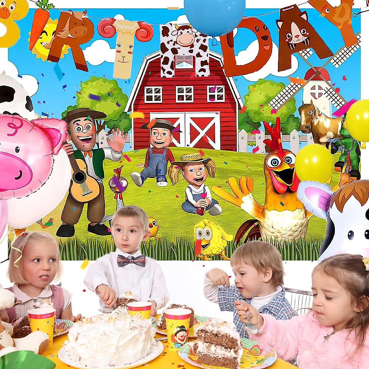 YRIOWMI 7x5 Foot Zennon Farm Children's Birthday Party Background Fabric, Birthday Party Decoration Photography Background