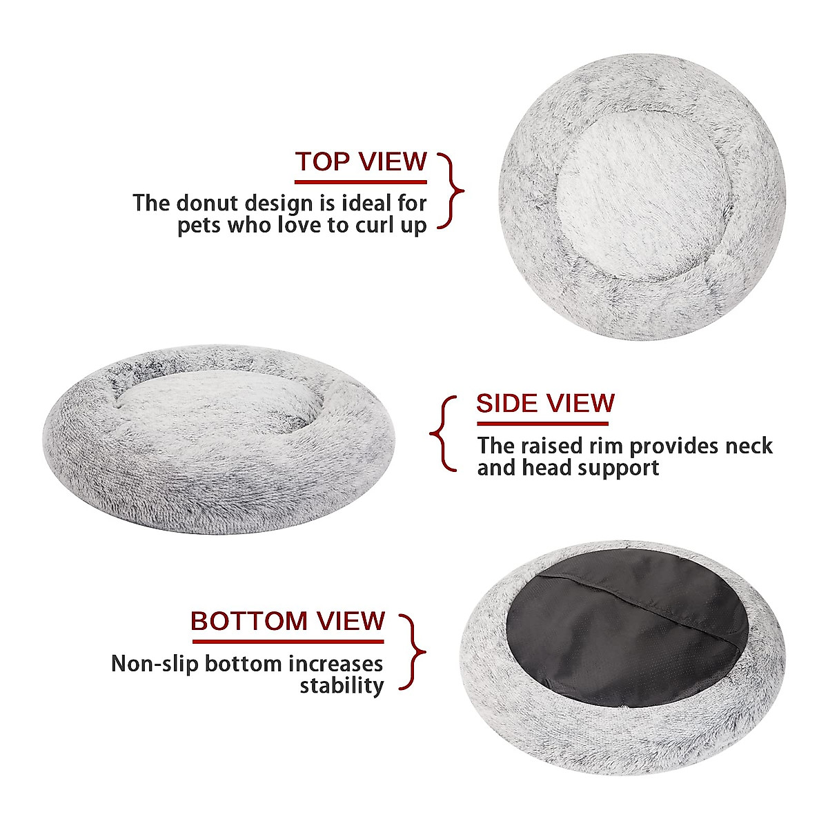 Bedfolks Calming Donut Dog Bed, 45 Inches Round Fluffy Dog Beds for Extra Large Dogs, Anti-Anxiety Plush Dog Bed, Washable Pet Bed with Non-Slip Bottom (Dark Grey, Extra Large)