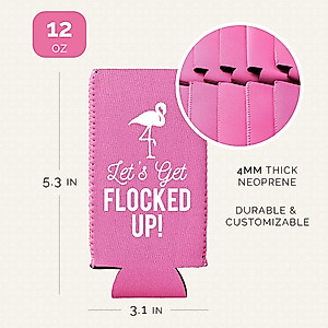 Let's Get Flocked UP!, Set of 12 Slim Pink and White Can Coolers Cups, Flamingo Can Coolers Perfect Flamingo Party Supplies, Bachelorette Party, and Bridal Showers