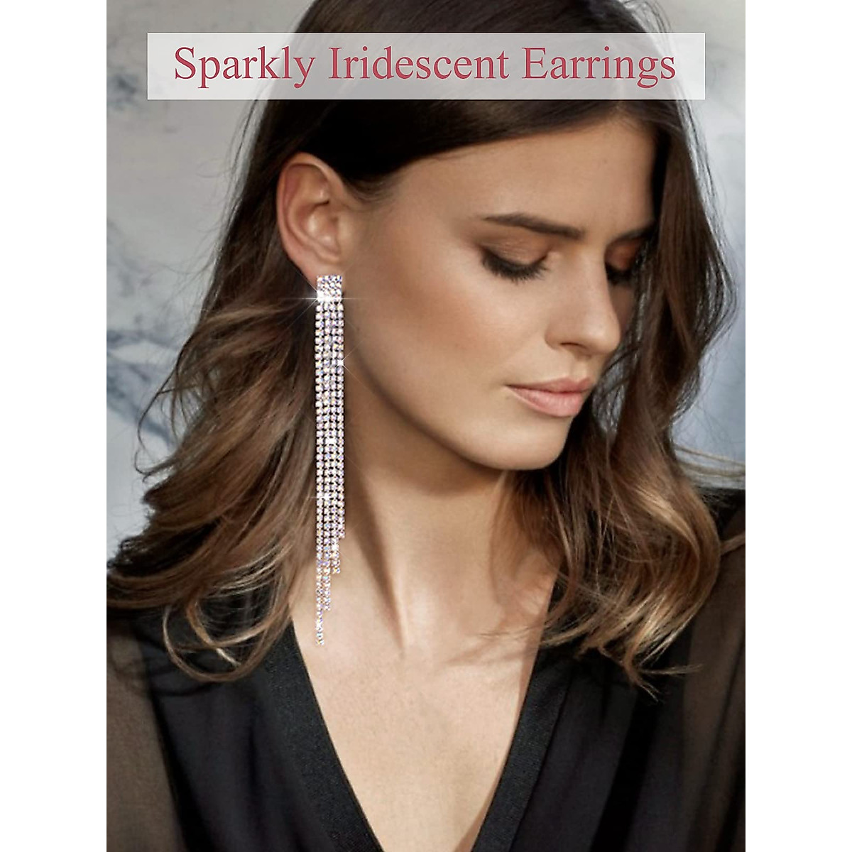 FOCALOOK Rhinestone Earrings for Women Sparkly Prom Earrings Long Dangle Drop Iridescent Earrings