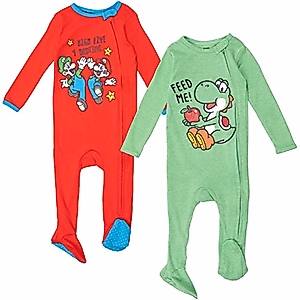 Super Mario Mario Luigi Yoshi Baby Boys 2 Pack Zip-Up Sleep N' Play Coverall 3-6 Months Red/Green
