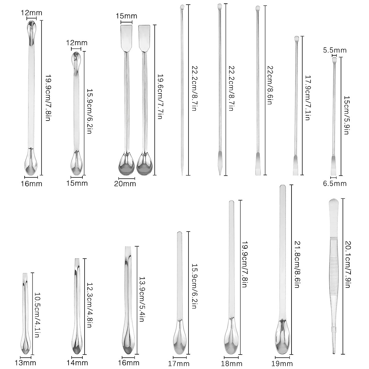 16 Pieces Stainless Steel Lab Spatula Micro Scoop Tweezers Set Laboratory Sampling Spoon Mixing Spatula for Powders