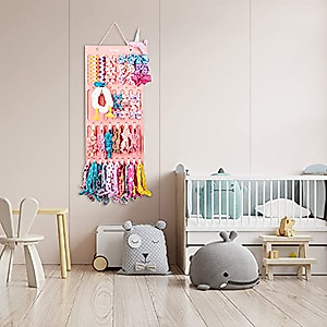 BABEYER Bows Holder Headbands Organizer for Baby Girls, Hair Bow Holder Organizer with Hooks for Baby Girls Room Decor, Pink