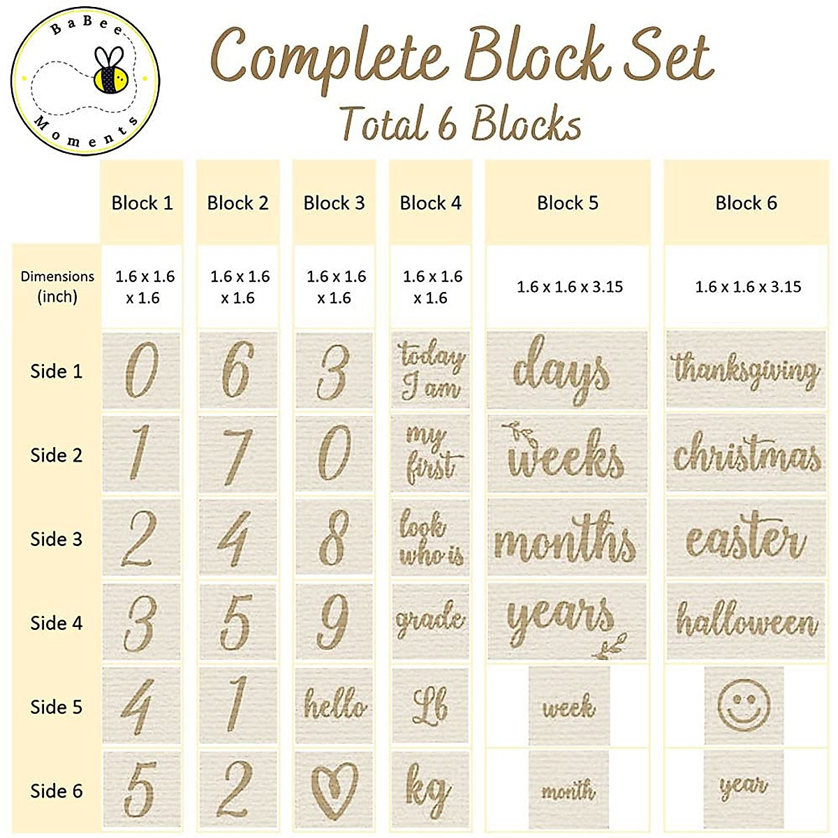 Baby Milestone Blocks - Monthly Baby Milestone Wood Blocks for Keepsake Photography - Set of 6 Baby Age Blocks for Pictures Ages Newborn to Weeks, Months, Years with Welcome Baby Age Sign & Bag