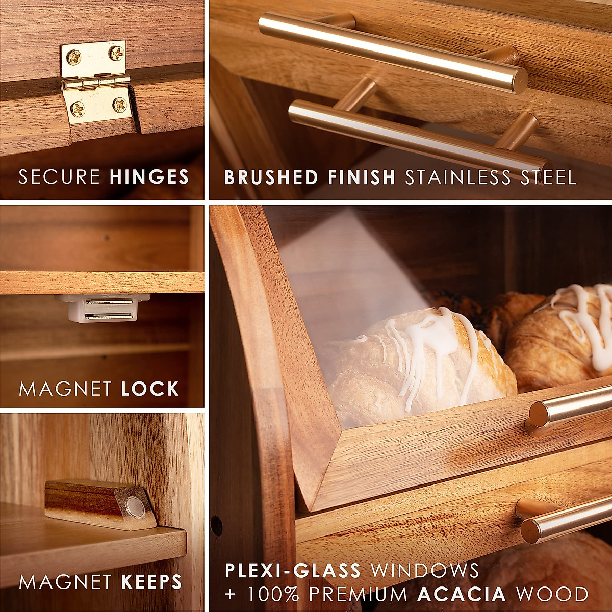 Arise Stylish Acacia Bread Box for Kitchen Countertop, Extra Large 2-Shelf Wooden Bread Storage Container with Clear Windows and Air Vents Keep Bread, Bagels and Rolls Fresh, Self Assembly