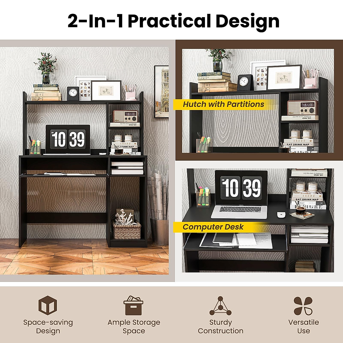 Giantex Computer Desk with Keyboard Tray, 43.5" Modern Writing Desk PC Laptop Table with Power Outlets, Hutch & Bookshelf, Multifunctional Study Workstation for Home Office, Black