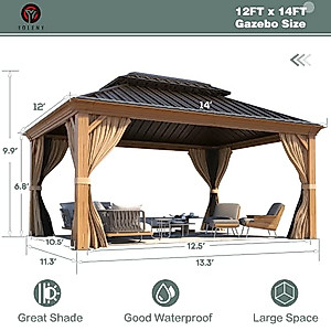 YOLENY 12' x 14' Hardtop Gazebo Wood Grain Gazebo with Galvanized Steel Double Roof, Aluminum Frame, Outdoor Patio Hardtop Gazebo with Netting and Curtains for Deck, Backyard, Patio, Lawns