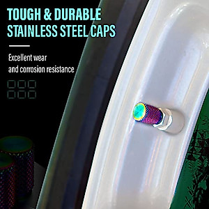 STEEL HAWK Precision CNC Machined Stainless Steel Extended Knurled Tire Air Valve Caps, Wheel Tyre Stem Covers for Cars- 4 Pack- PVD Rainbow