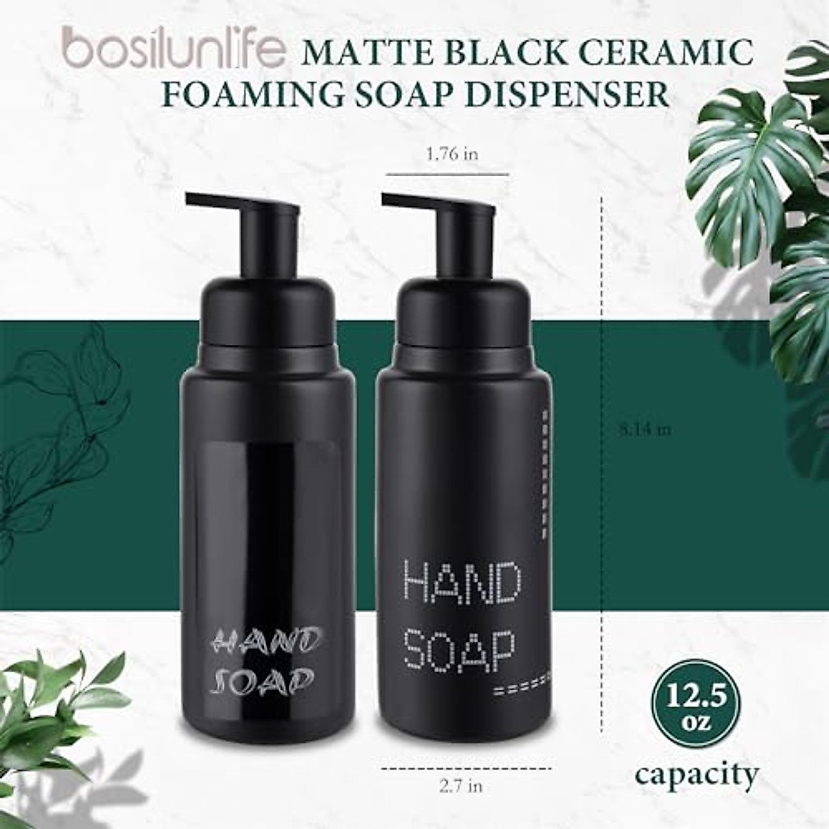 Bosilunlife Foaming Soap Dispenser - Foam Hand Soap Dispenser Pump Bathroom Foaming Hand Soap Dispenser Bottle Refillable Ceramic Black Foaming Soap Dispenser for Kitchen Sink
