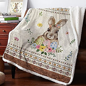 Fantasy Staring Easter Bunny Sherpa Fleece Throw Blanket - Farmhouse Easter Eggs Rabbit Spring Flower Fluffy Super Soft Microfiber Blanket Fuzzy Blanket for Couch Bed Sofa 50 x 80 Inches