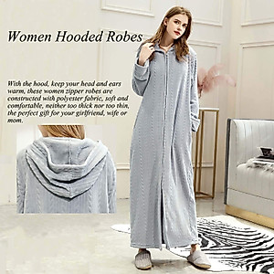 Hellomamma Long Hooded Zipper Bathrobe for Womens Flannel Fleece Robes Winter Warm Housecoat Nightgown Sleepwear Pajamas Light Grey L-XL
