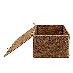 Handwoven Rattan Storage Basket,3pcs seagrass storage baskets Straw Seaweed Basket with Lid for Makeup, Clothes and Home hyacinth baskets Items woven seagrass basket