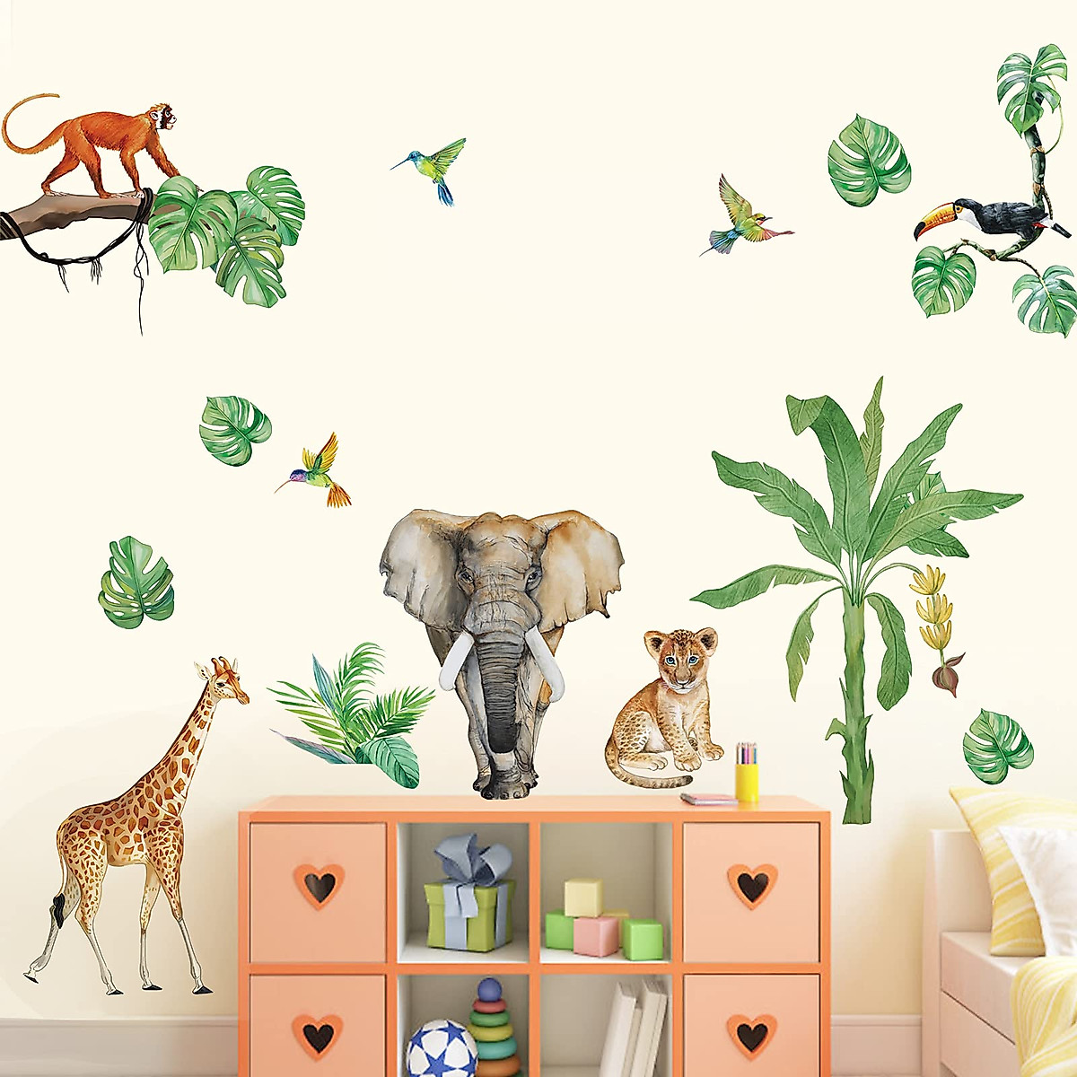 decalmile Jungle Elephant Animals Wall Sticker Safari Giraffe Tropical Plant Wall Decoration Living Room Baby Nursery Bedroom Children