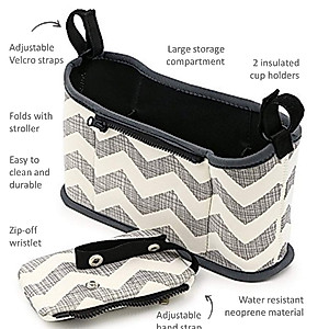 Universal Stroller Organizer Chevron - Non-Slip Stroller Caddy with Cup Holders and Pockets | Sleek Design Stroller Accessory | Fits Most Strollers, incl Jogging Strollers, Travel Systems and Wagons