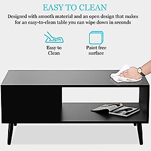 Yusong Modern Wood Coffee Table for Living Room, Retro Mid-Century Center Tables Cocktail Table with Storage Shelf for Reception, Black