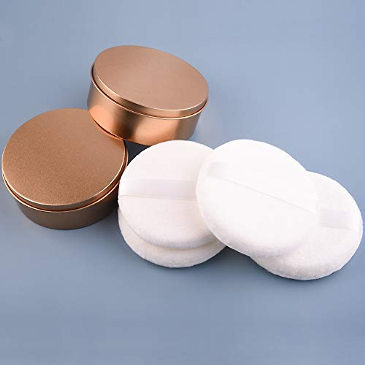 WXJ13 4 Pack 4.12 Inch Large Loose Powder Puff with 2 Pack Gold Metal Powder Box, Smooth Soft Puff with Ribbon Band Handle for Body Loose Powder