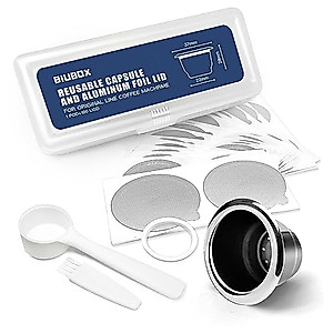 BiuBox Reusable Capsules for Nespresso OriginalLine, Refillable Espresso Coffee Pods, Stainless Steel Cups Filters Compatible for Nespresso Machine(1Cups+100Lids)