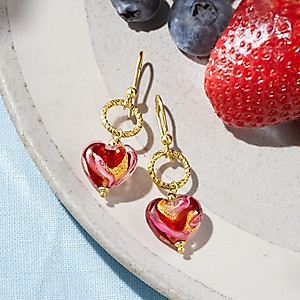 Ross-Simons Italian Red and Pink Murano Glass Heart Drop Earrings in 18kt Gold Over Sterling