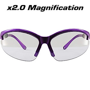Birdz Eyewear Flamingo Women's Work Safety Glasses Bifocals Readers Purple Frame + 2.0 Magnification Clear Lenses