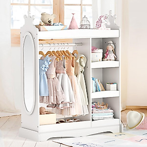 Curipeer Kids Dress up Storage with Mirror, Kids Wardrobe with 3 Hooks, Kids Closet for Girls Boys, Kids Armoire Costume Organizer for Bedroom, White