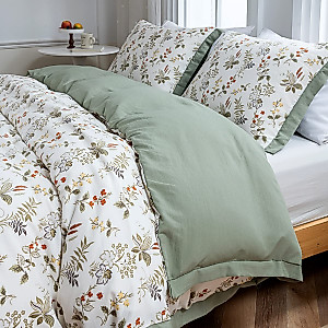 Floral Duvet Cover Queen Size - White Yellow Flowers and Green Leaf Spring Botanical Printed Microfiber Comforter Cover Set - 3PC 90X90 Soft and Lightweight Quilt Cover, Farmhouse Style for Women Men