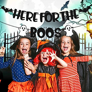 Here for The Boos Banner Halloween Ghost Bat Haunted House Pumpkin Horror Happy Boo Day Themed for Boy Girl Kids Halloween Festival Holiday Party Decoration Black Glitter Supplies