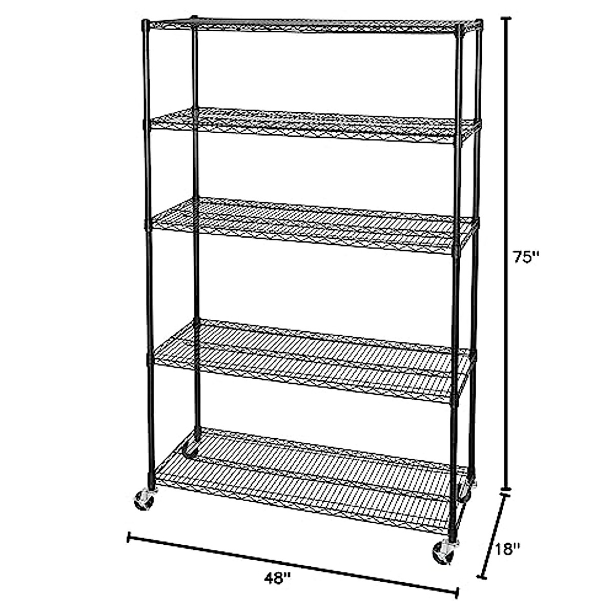 Seville Classics UltraDurable Heavy Duty NSF Solid Steel Wire Rack Storage Unit, Organizer for Garage, Warehouse, Office, Restaurant, Classroom, Kitchen, Black, 5-Tier Shelving, 48" W x 18" D