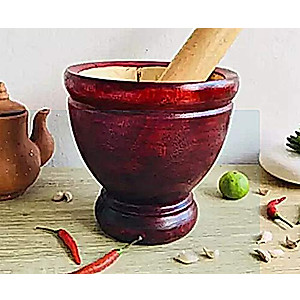 PunPund Wooden Mortar 9 Inches from Thailand Pestle Grinding Herb Garlic Papaya Salad Som Tum Thai Food Kitchen Tool 1 Set